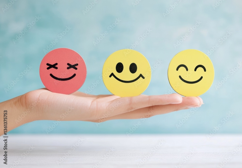 Exploring emotions hand displaying happy and sad faces indoor setting ...