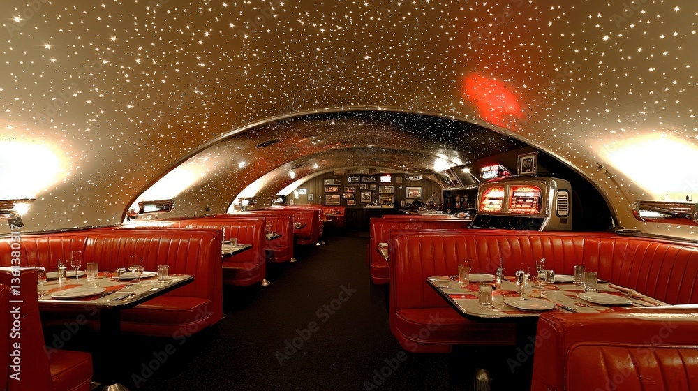 Retro diner interior with starlit ceiling, red booths, and vintage ...