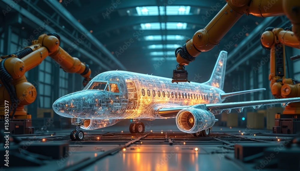 Futuristic factory assembling transparent airplane with glowing wires ...