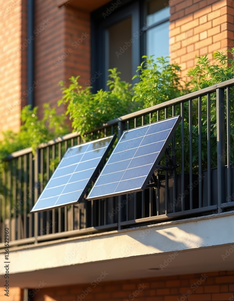 Solar panels mounted balcony railing generate sustainable energy. Green ...