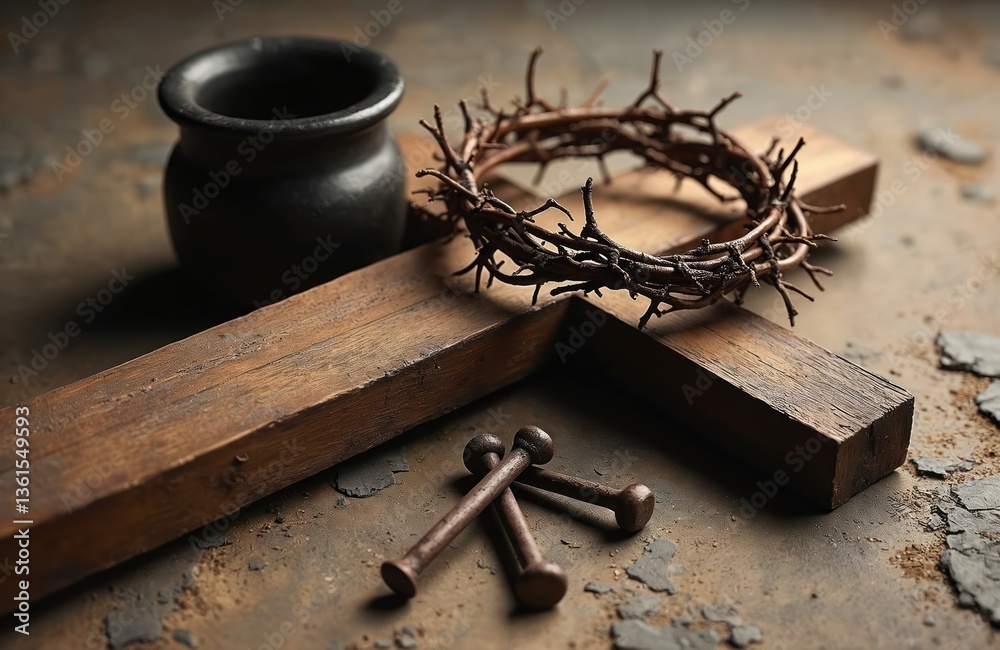 Jesus Christ crucifixion symbolism with cross, crown thorns, nails ...