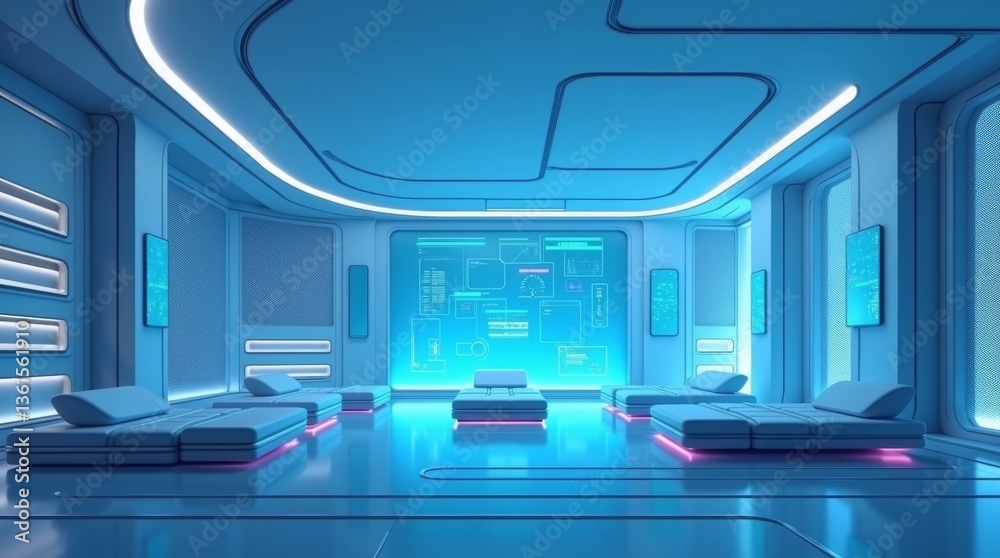 Futuristic interior with glowing blue lights and advanced tech panels ...
