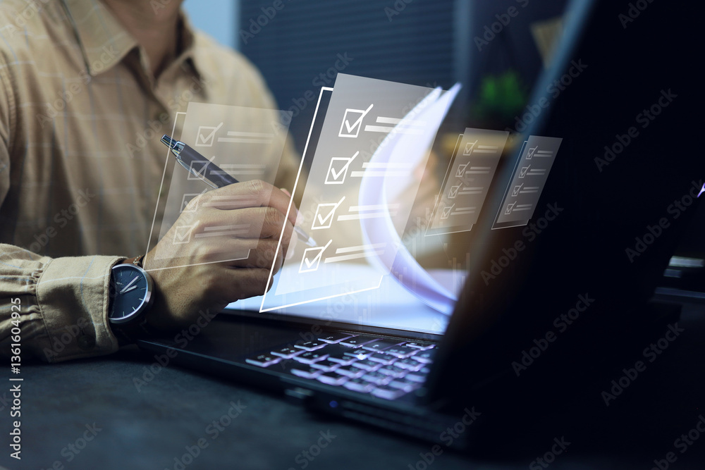 Businessman tick check mark on computer screen for document approve or ...