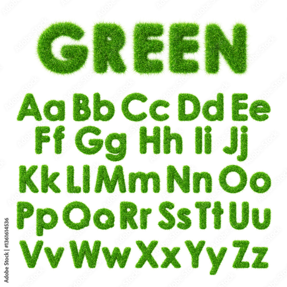 3d green grass font of English ABC alphabet, soft fluffy uppercase and ...