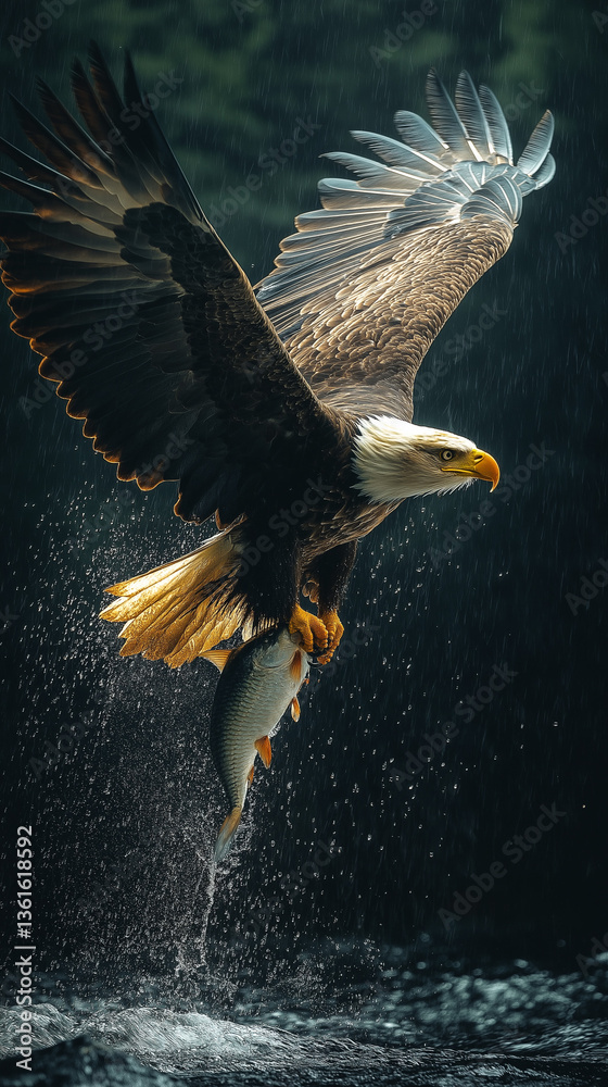 AI generator image of a hawk catching fish in the water, white tailed ...