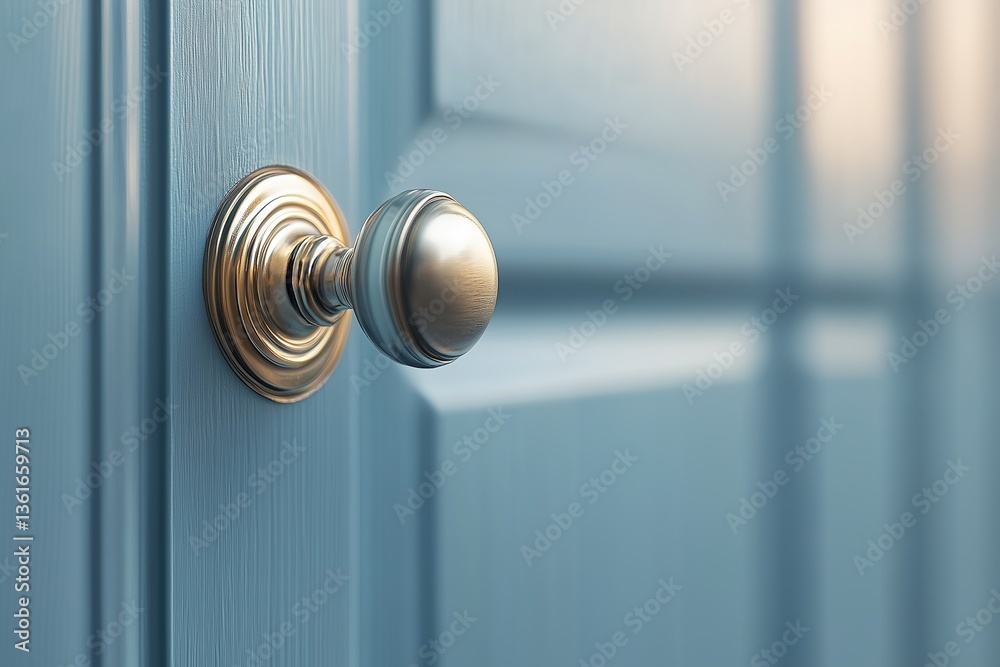 Metal door knob on light blue wooden door. home access and classic ...