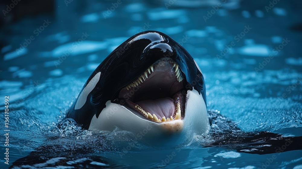 Majestic orca breaches, revealing impressive teeth. Black and white ...