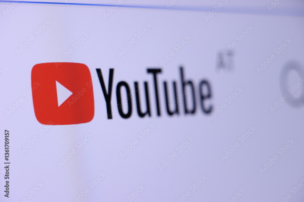 Youtube logo close-up displayed on screen with search bar visible Stock ...