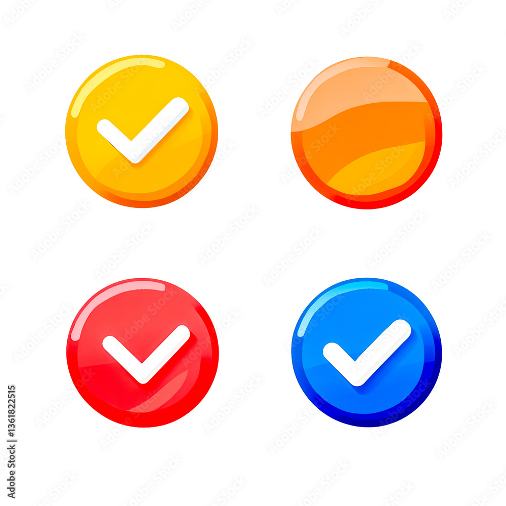 Four glossy toggle switch icons with check mark on transparent ...