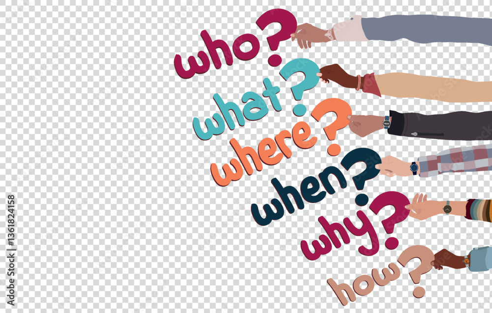 Multicultural people arms holding in hand question marks with Who-what ...