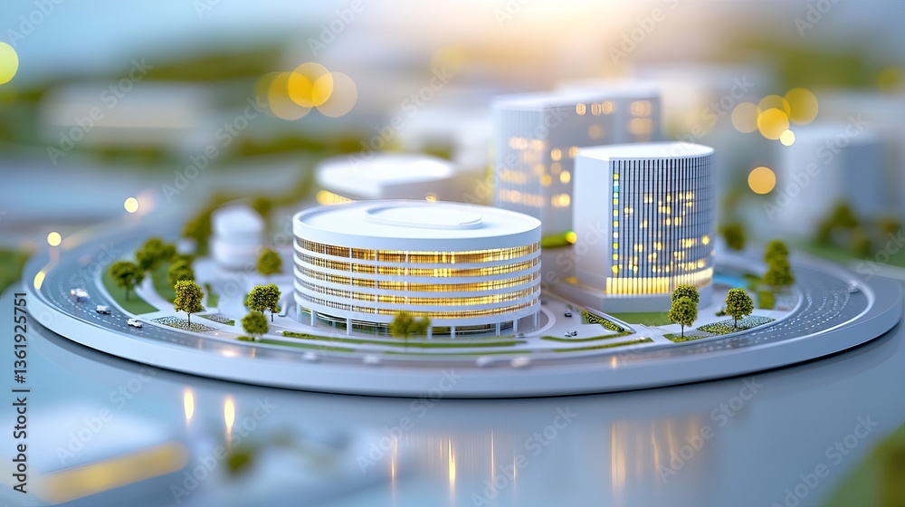 Architectural model of modern circular building with surrounding ...
