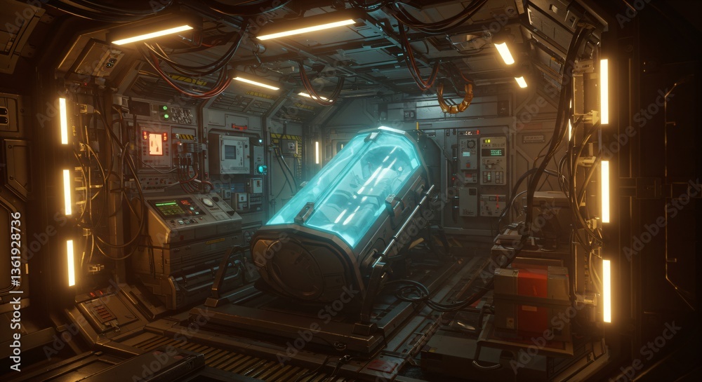 Futuristic cryocapsule in sci-fi laboratory. Cryogenic chamber for ...