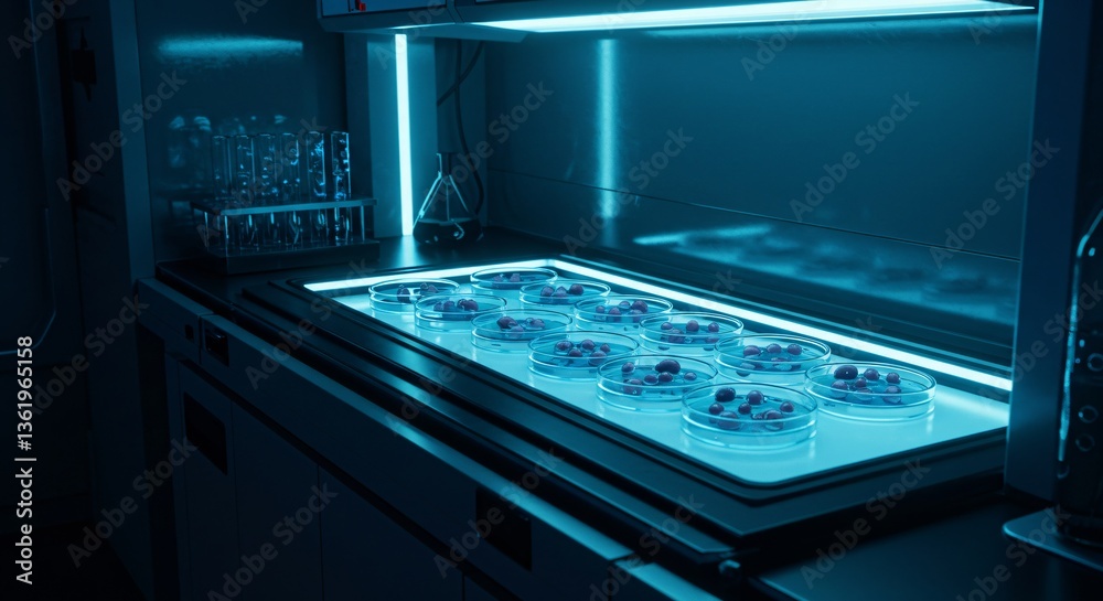 Laboratory cloning experiment with petri dishes in futuristic blue ...