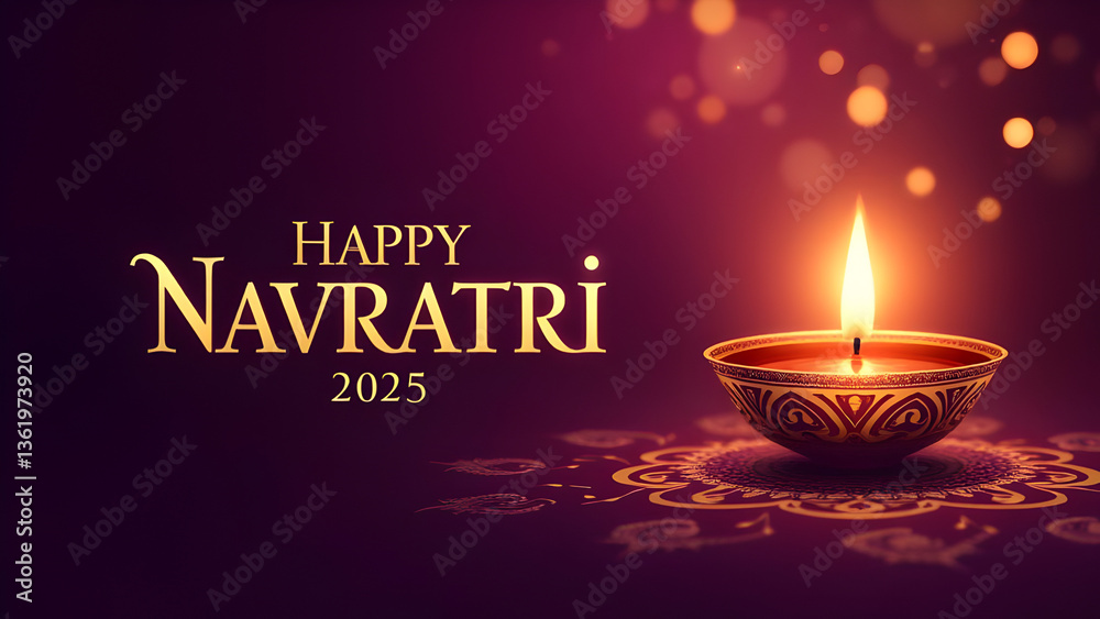 Happy Navratri 2025 Greeting Card with Glowing Diya, Sacred Mandala ...
