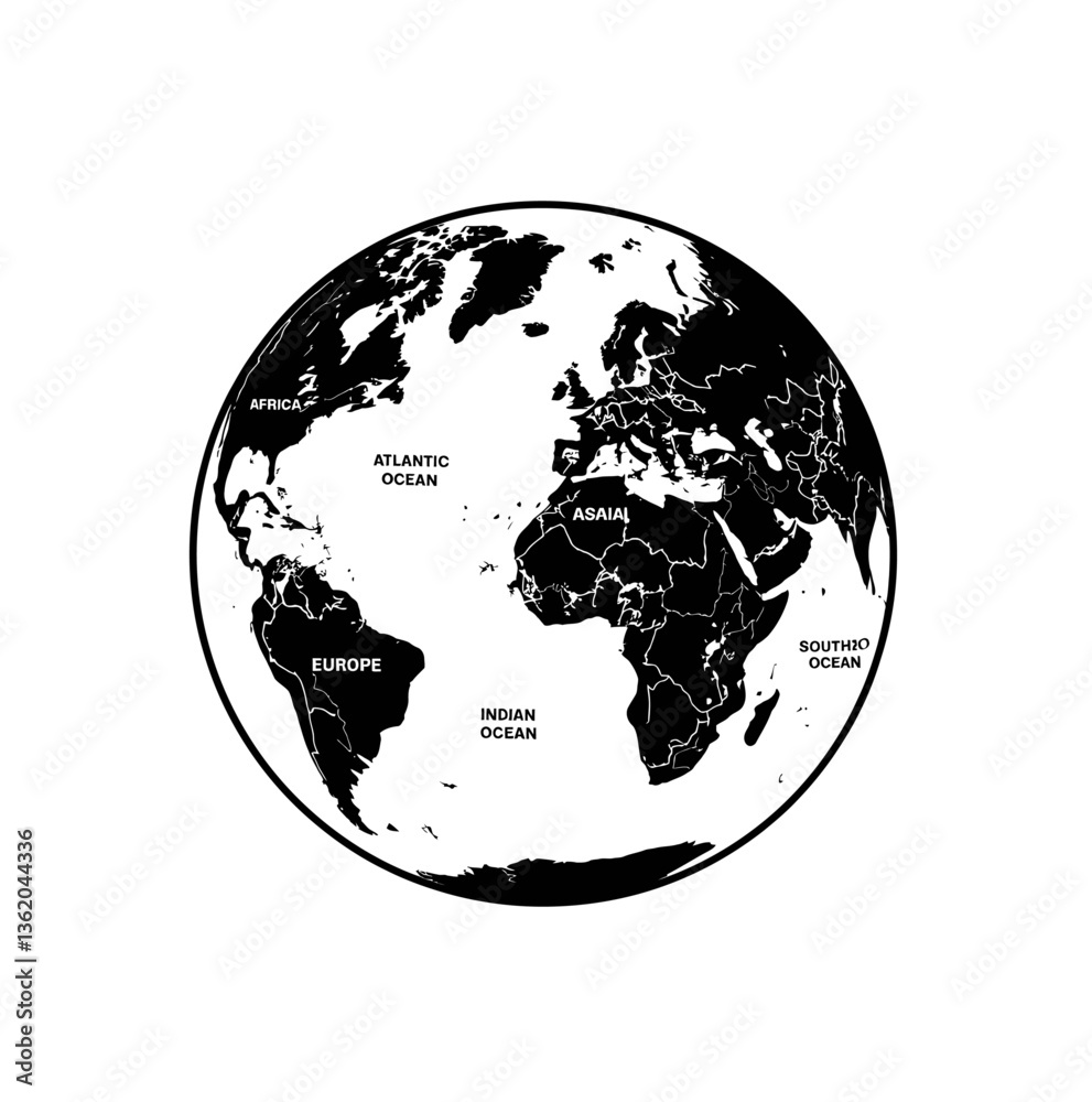 World globe with continent names in black color with white background ...