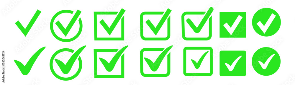 Green check mark and red cross icon set. Circle and square. Tick symbol in green color, vector ...