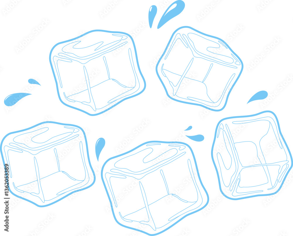 Ice cubes set. Melted ice cube blocks for cold drink. Sketch symbol on ...