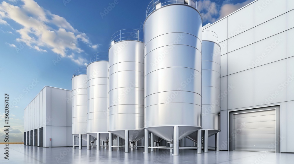 Massive biofuel production tanks storing renewable fuel, part of a ...