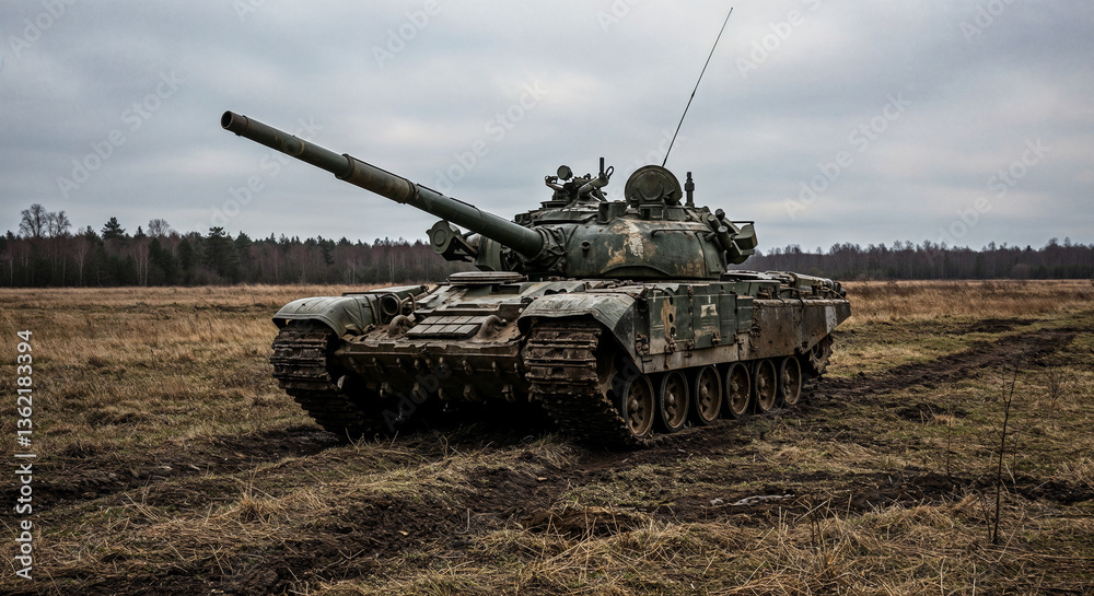 Military tank on muddy battlefield, Soviet-era T-72 main battle tank in ...