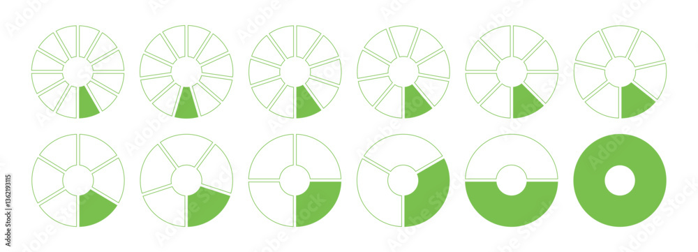 Donut charts, pies segmented on from 1 to 12 equal parts. Diagrams infographic. Circle section ...