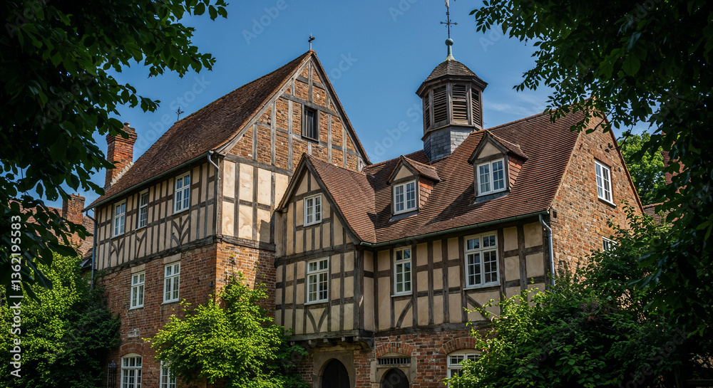 Historic tudor style mansion with timber framing and brick exterior ...