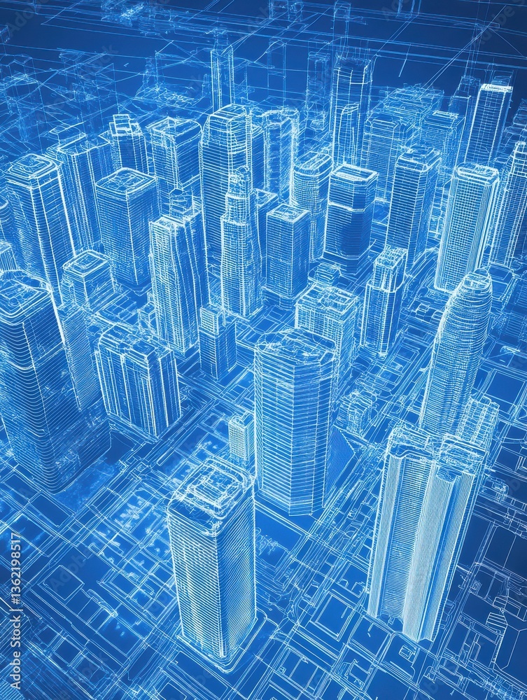 Urban master plan blueprint featuring multiple high-rise towers, city ...