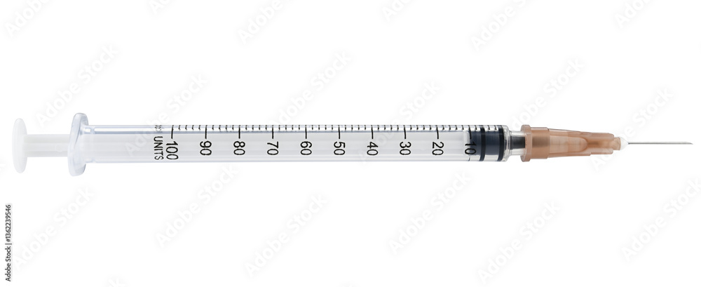Disposable syringe for injection of insulin isolated on a transparent ...