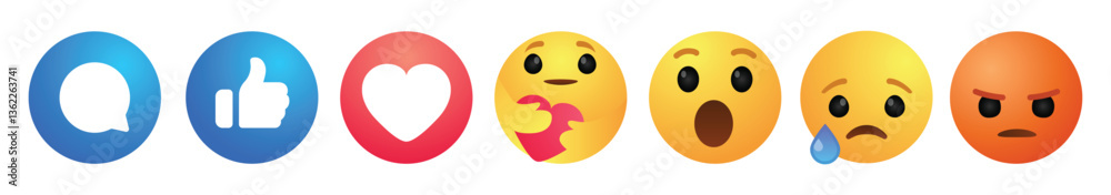 Facebook reactions. social media smiley emoji face ; thumb up icon ...