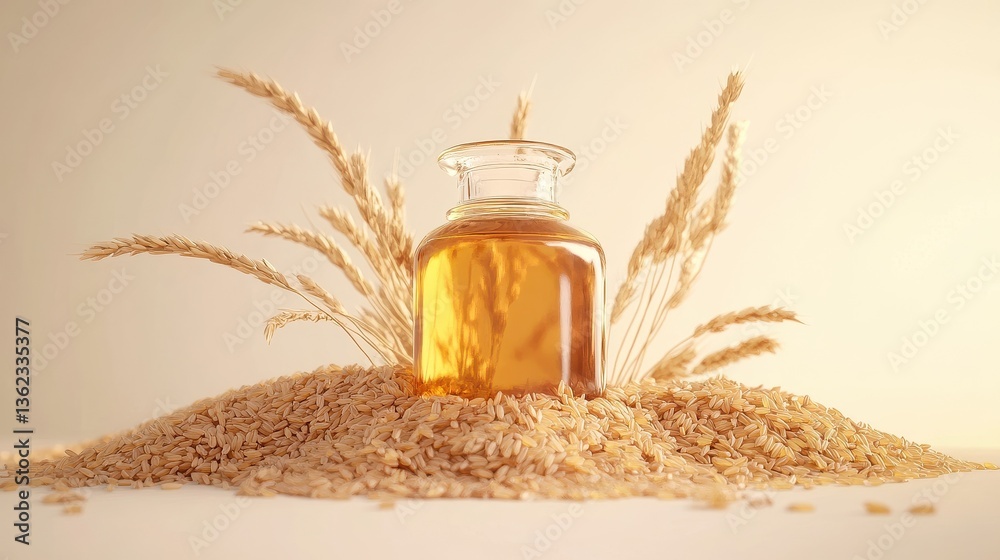 A glass bottle of golden rice bran oil sits behind a pile of brown rice ...