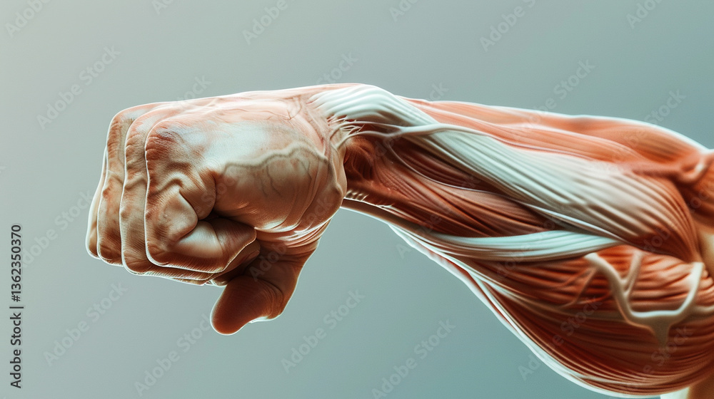 Muscular arm flexing with detailed veins and tendons visible ...