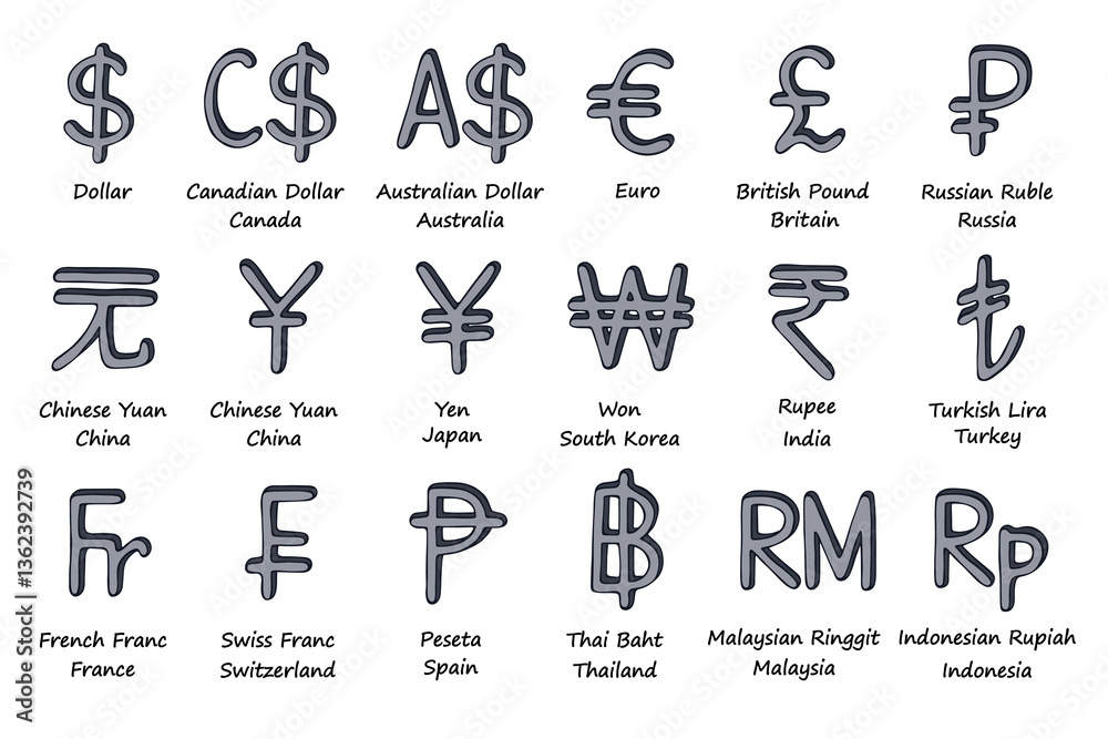 Hand drawn currency symbol set Dollar euro pound ruble yuan yen won ...