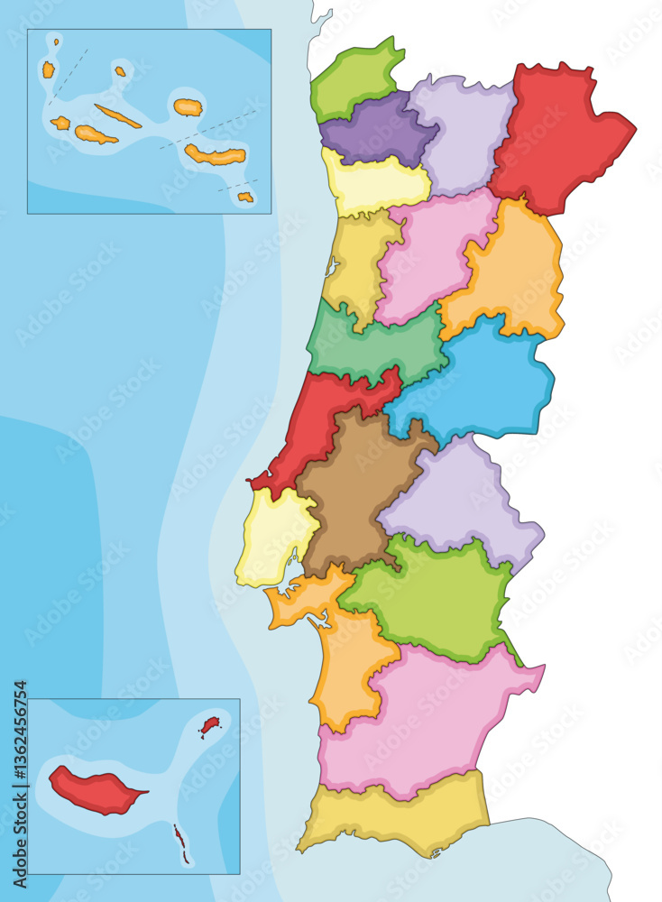 Vector illustrated regional blank map of Portugal with districts ...