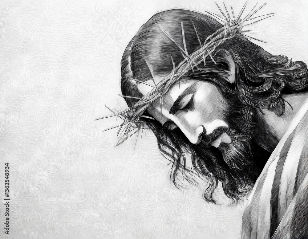 Retrato de Jesucristo con corona de espinas sobre fondo blanco. Stock ...