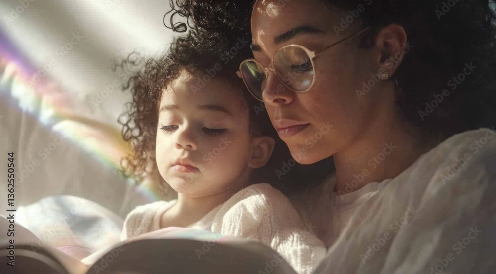 Androgynous parent reading to child; book pages show fluid family ...