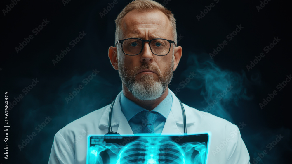doctor reviewing X ray image with serious expression, showcasing ...