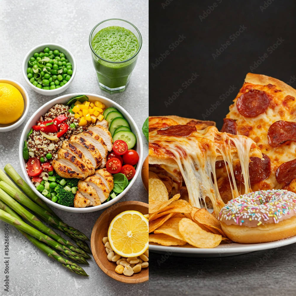 Healthy vs unhealthy food comparison. Colorful fresh vegetables and ...