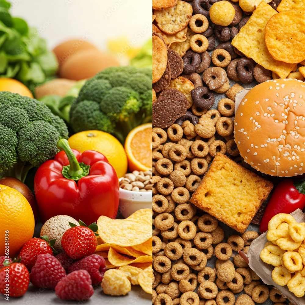 Healthy vs unhealthy food comparison. Colorful fresh vegetables and ...