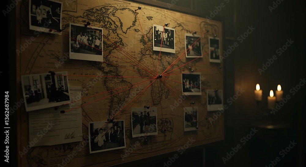 Detective Board with Fingerprints, Photos, Map, and Clues Connected by ...