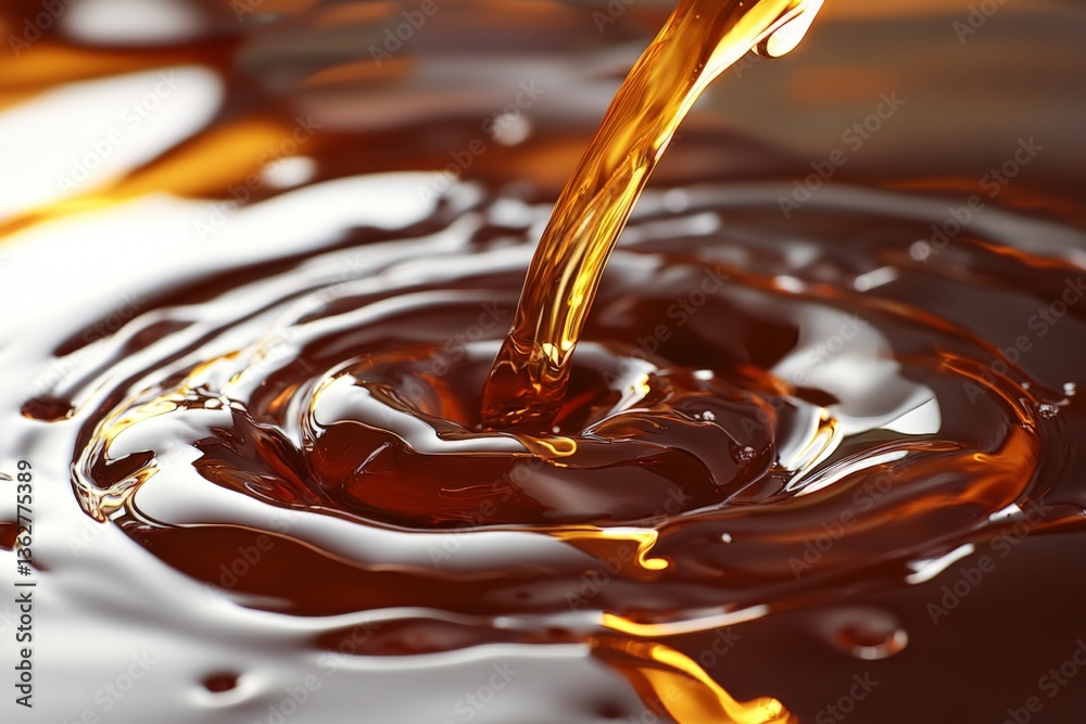 Liquid pouring creates ripples in a dark, thick substance resembling ...