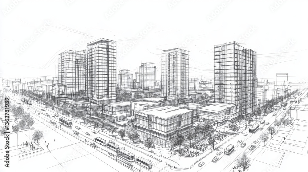 Architectural Sketch Modern Cityscape Design High Rise Buildings Urban ...