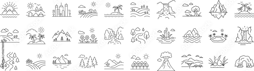 Landscapes line icon set. Vector pictograms of natural and urban ...