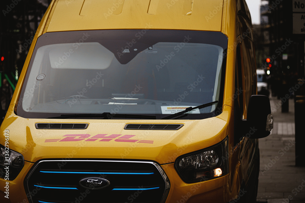 DHL Delivery Van Vehicle, DHL Courier Car On City Street, Marylebone ...