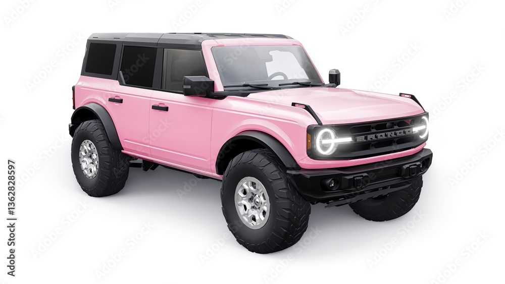 USA, Miami. March 03, 2025. Ford Bronco 2023. A pink American SUV on a ...