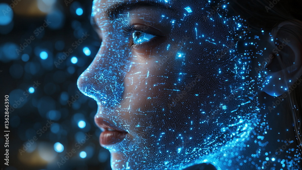 A close-up of futuristic holographic AI model with human facial ...