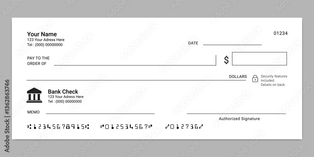 Blank bank check. Editable check template for financial use. Money ...