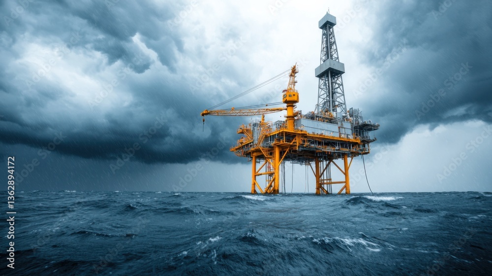 Oil rig operation amid stormy seas offshore industry photography ...