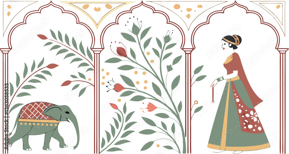 Mughal Pichwai Garden. Indian Wedding Invitation. Vector illustration ...