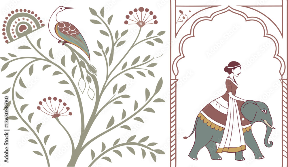 Mughal Pichwai Garden. Indian Wedding Invitation. Vector illustration ...