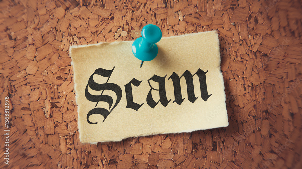 Beige paper note pinned to corkboard, displaying word "Scam" in black ...