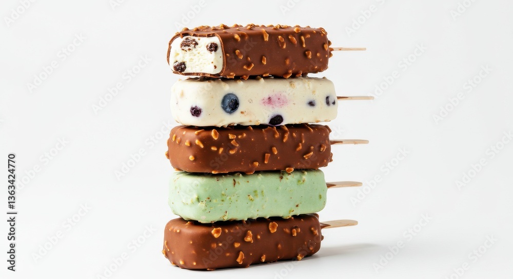 A stack of five ice cream bars with different flavors and toppings on a ...